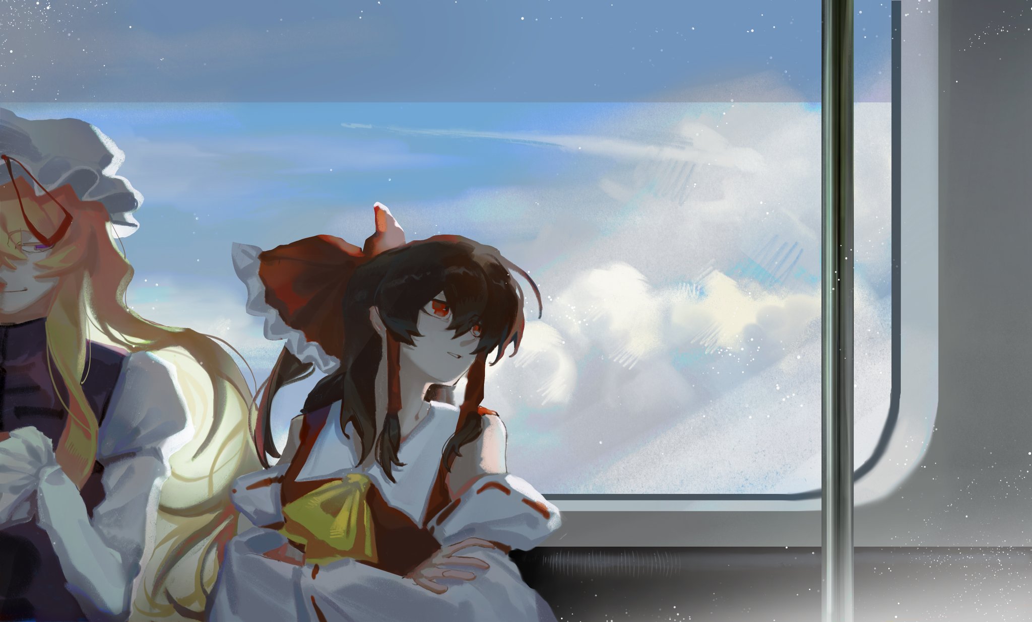 Safebooru - 2girls bare shoulders blonde hair blue sky bow brown hair closed mouth clouds ...