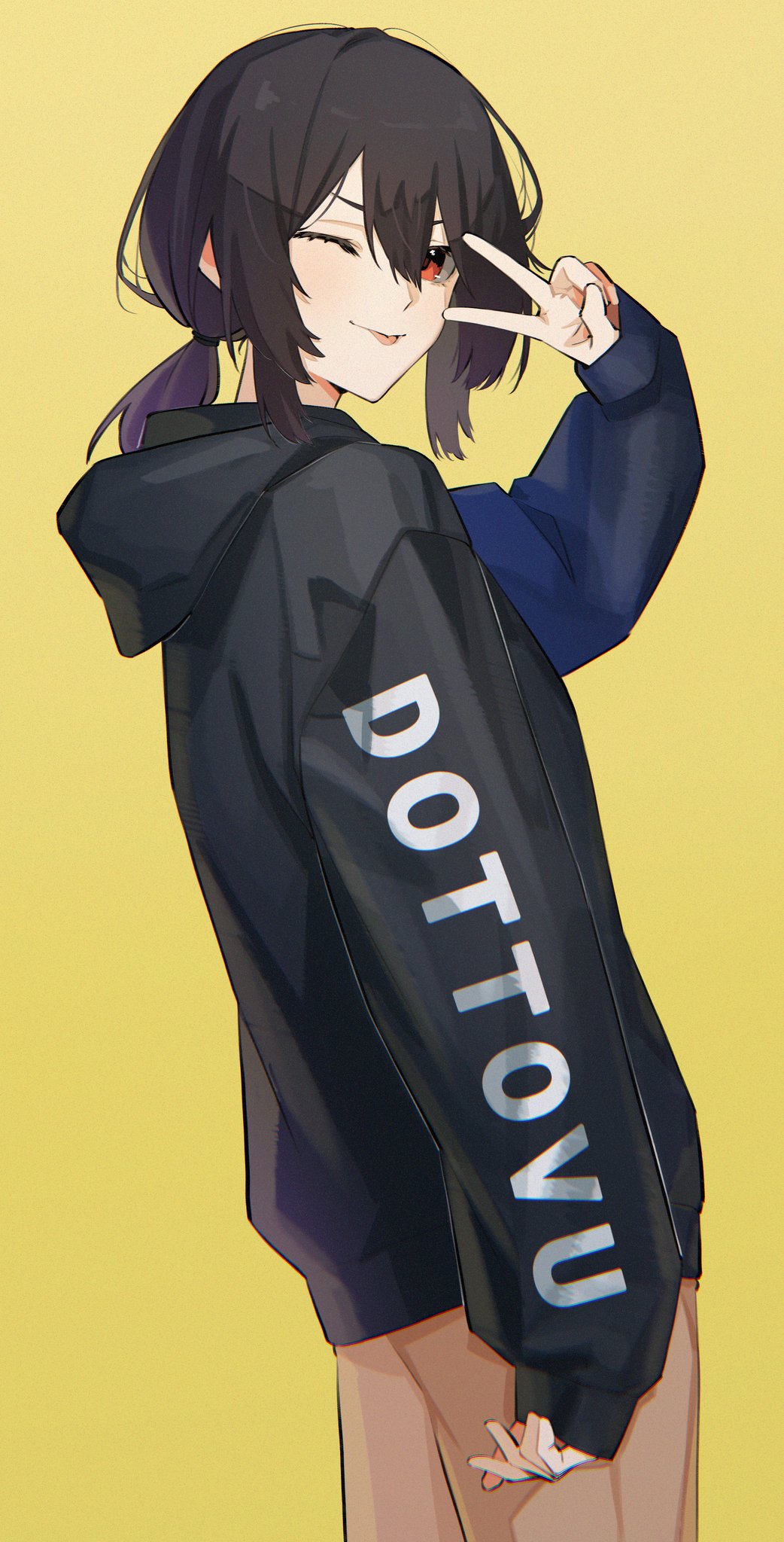 Safebooru - 1girl :p black hair black hoodie black peppersan brown pants character name clothes ...