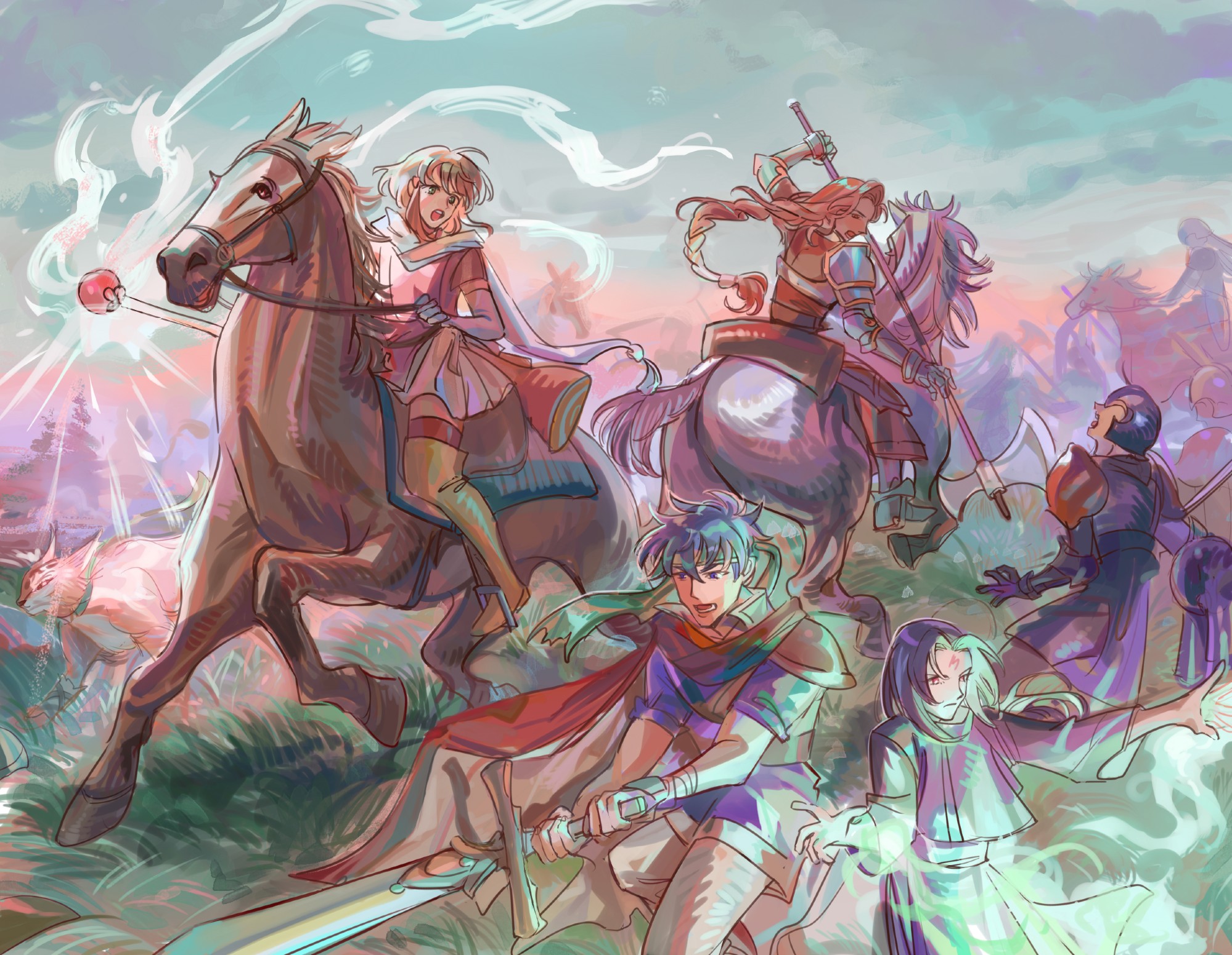 Safebooru - 1other 2boys 3girls afk (konnosukeluv) armor battlefield cape facial mark fire ...