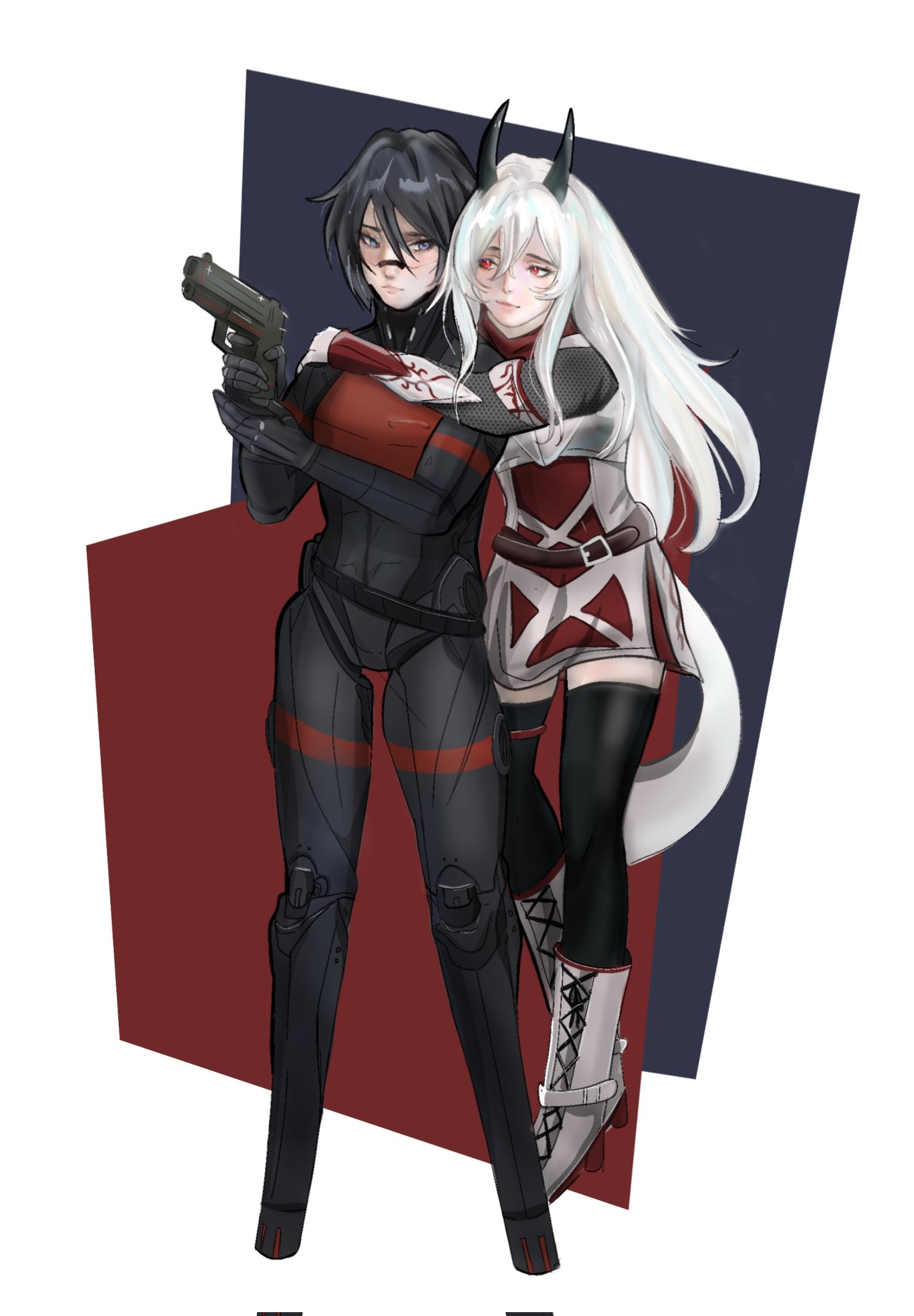 Safebooru - 2girls android ariane yeong black hair blue eyes cyberpunk dress elster (signalis ...