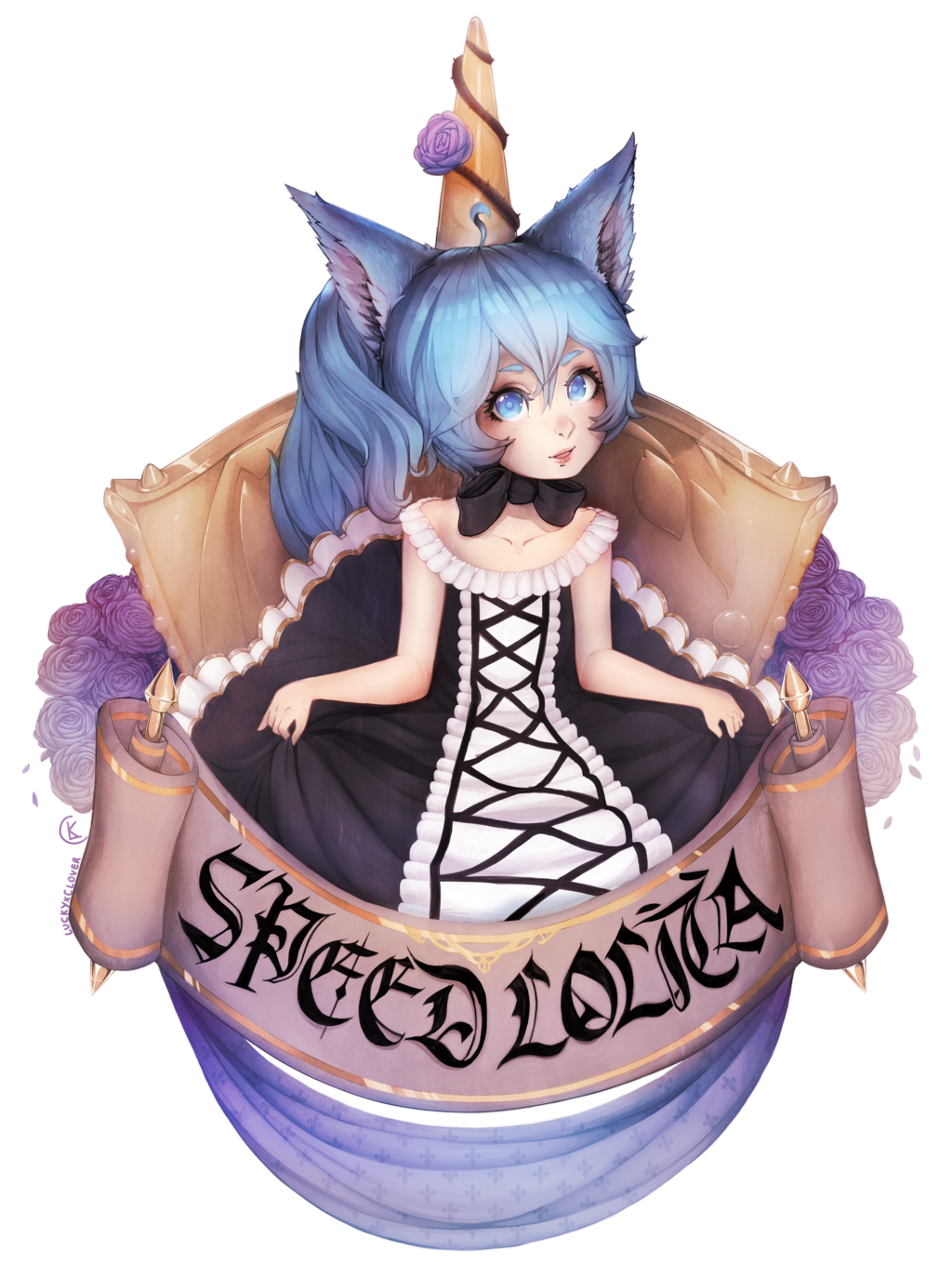 Safebooru - 1girl ahoge animal ears bare shoulders blue eyes blue hair bow choker curtsey elin ...