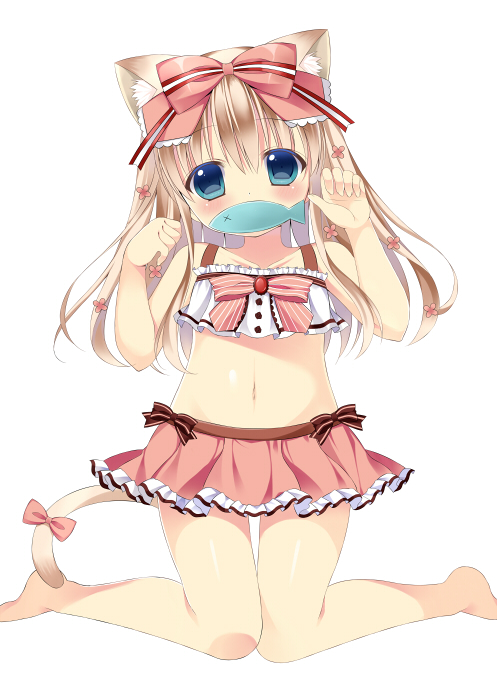 Safebooru - 1girl animal ears bare legs barefoot blue eyes bow brown hair cat ears cat tail fish ...