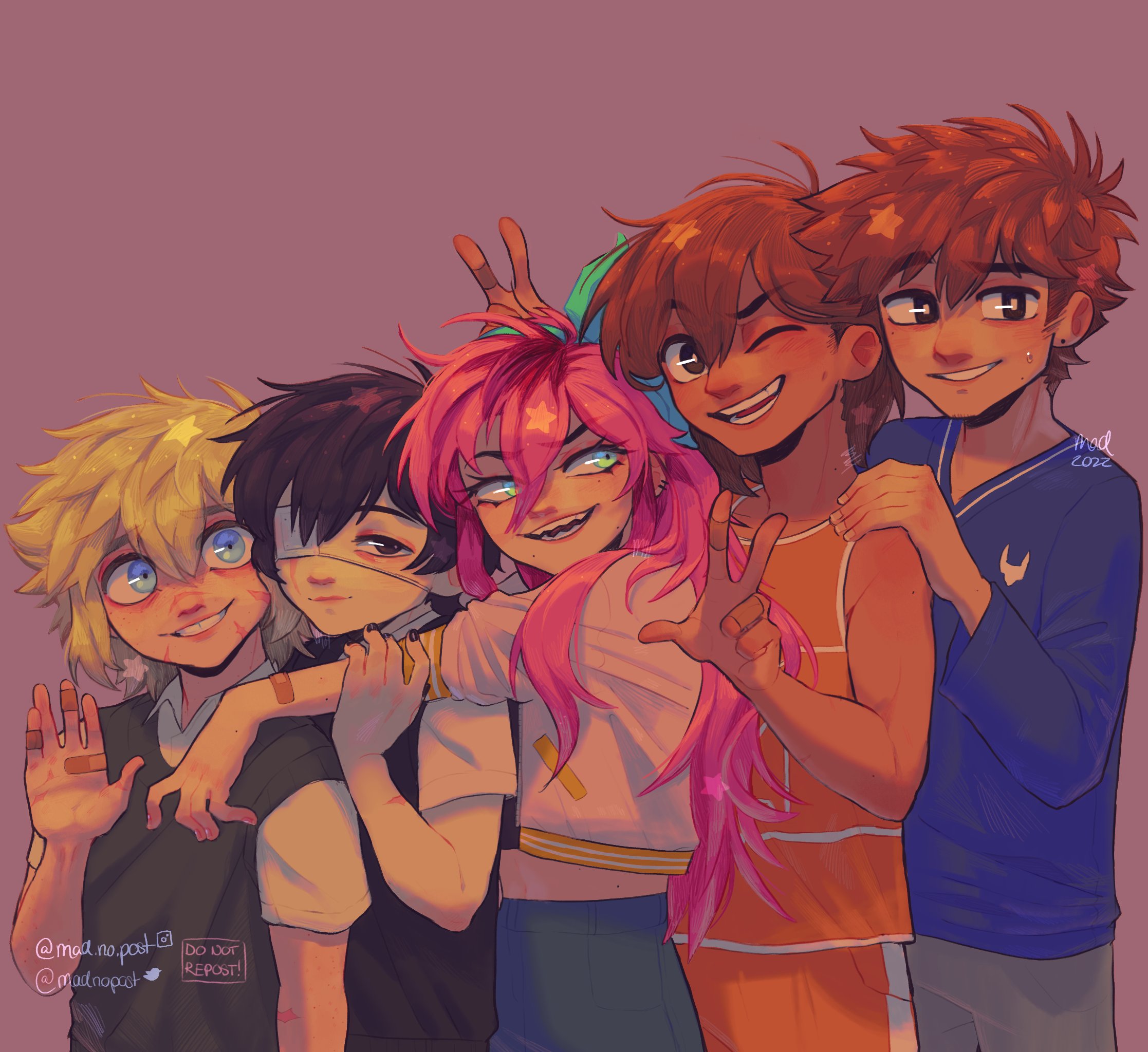 Safebooru - 1girl 4boys antenna hair aubrey (faraway) (omori) aubrey (omori) bandaid bandaid on ...