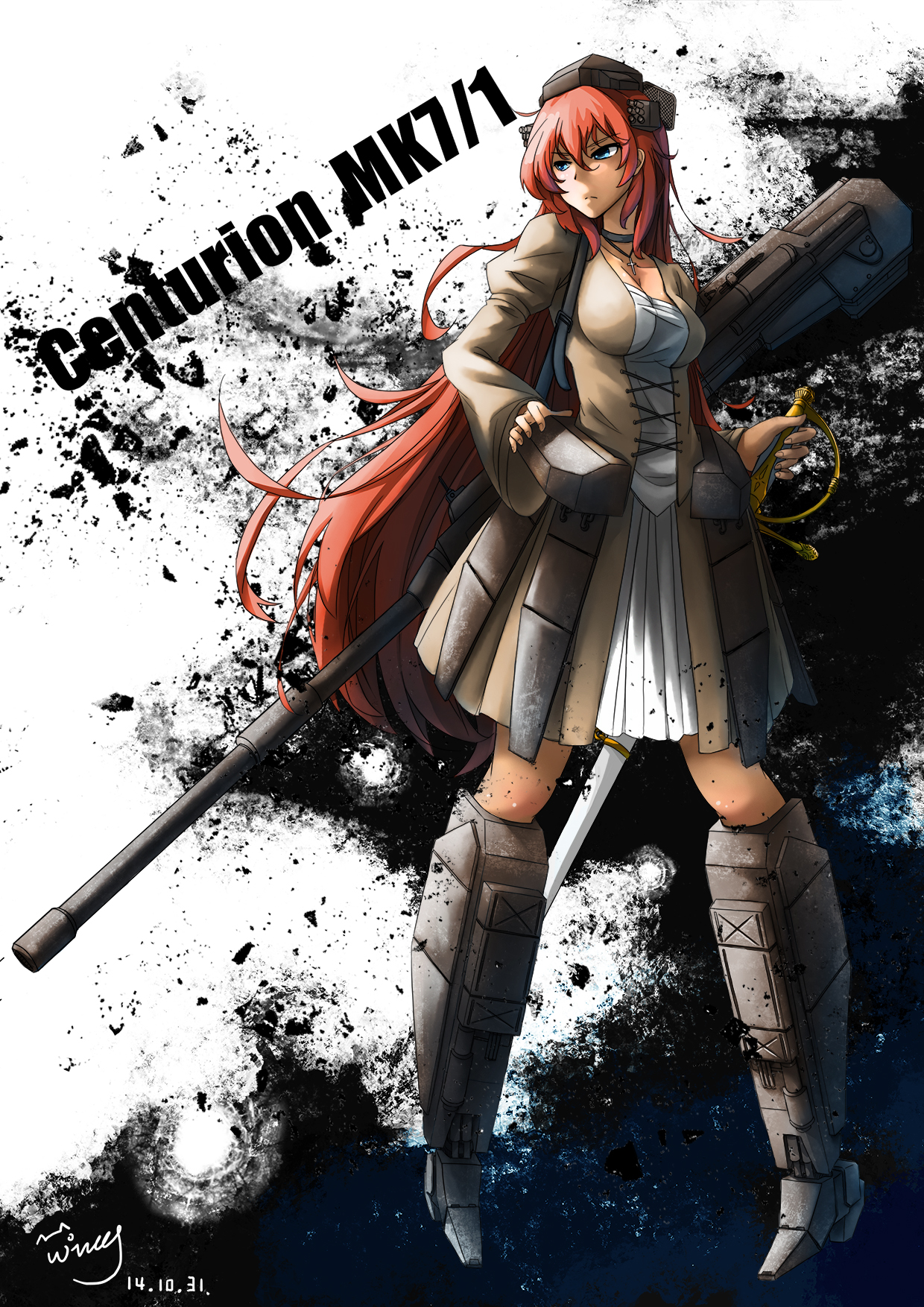 Safebooru - 1girl armor armored dress blue eyes boots breasts cannon ...