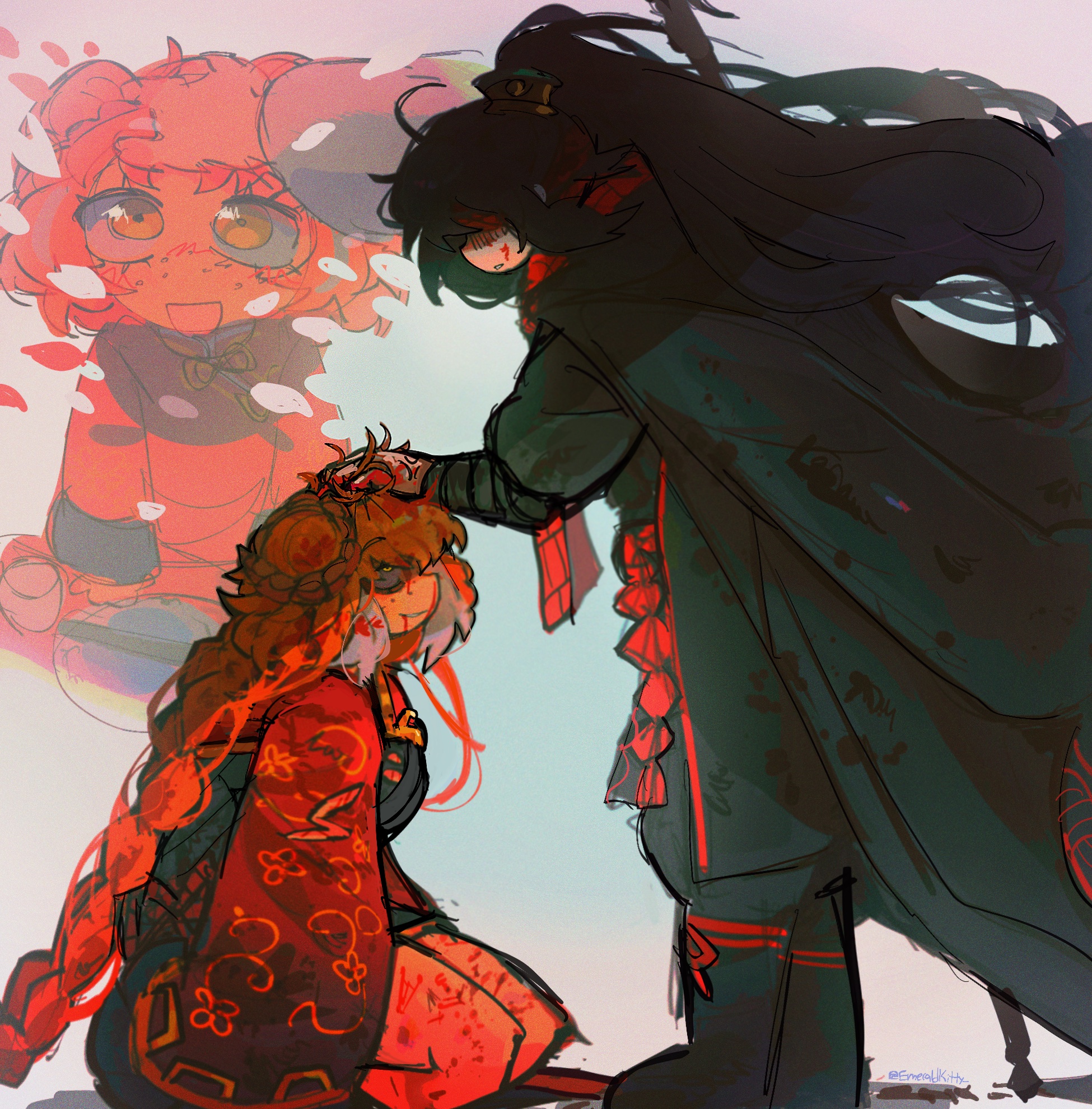 Safebooru - 1boy 1girl bandage over one eye black coat black dress ...