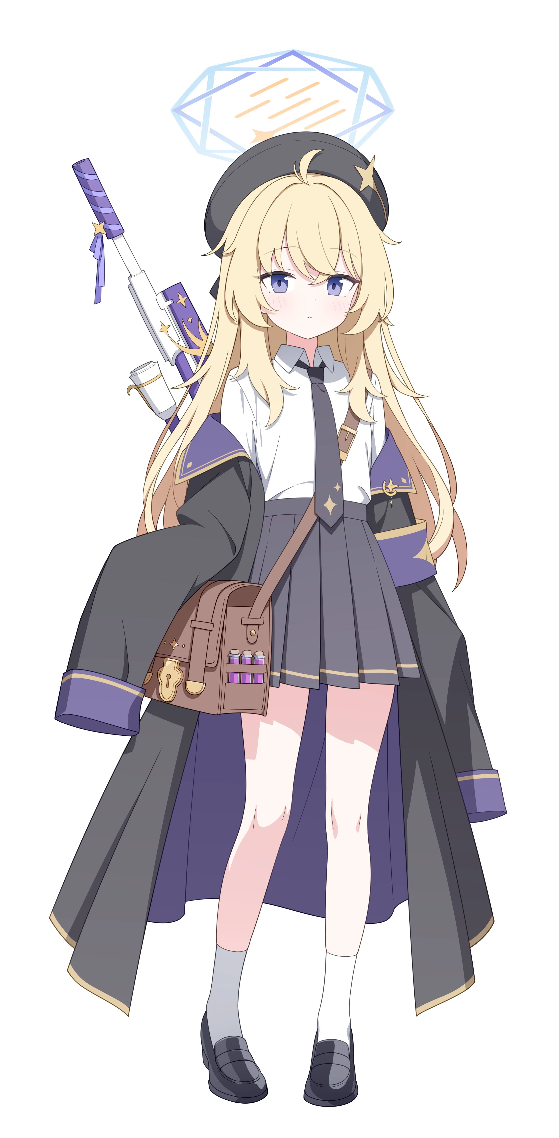 Safebooru - 1girl absurdres ahoge aqua halo armband bag beret black coat black hat black necktie ...