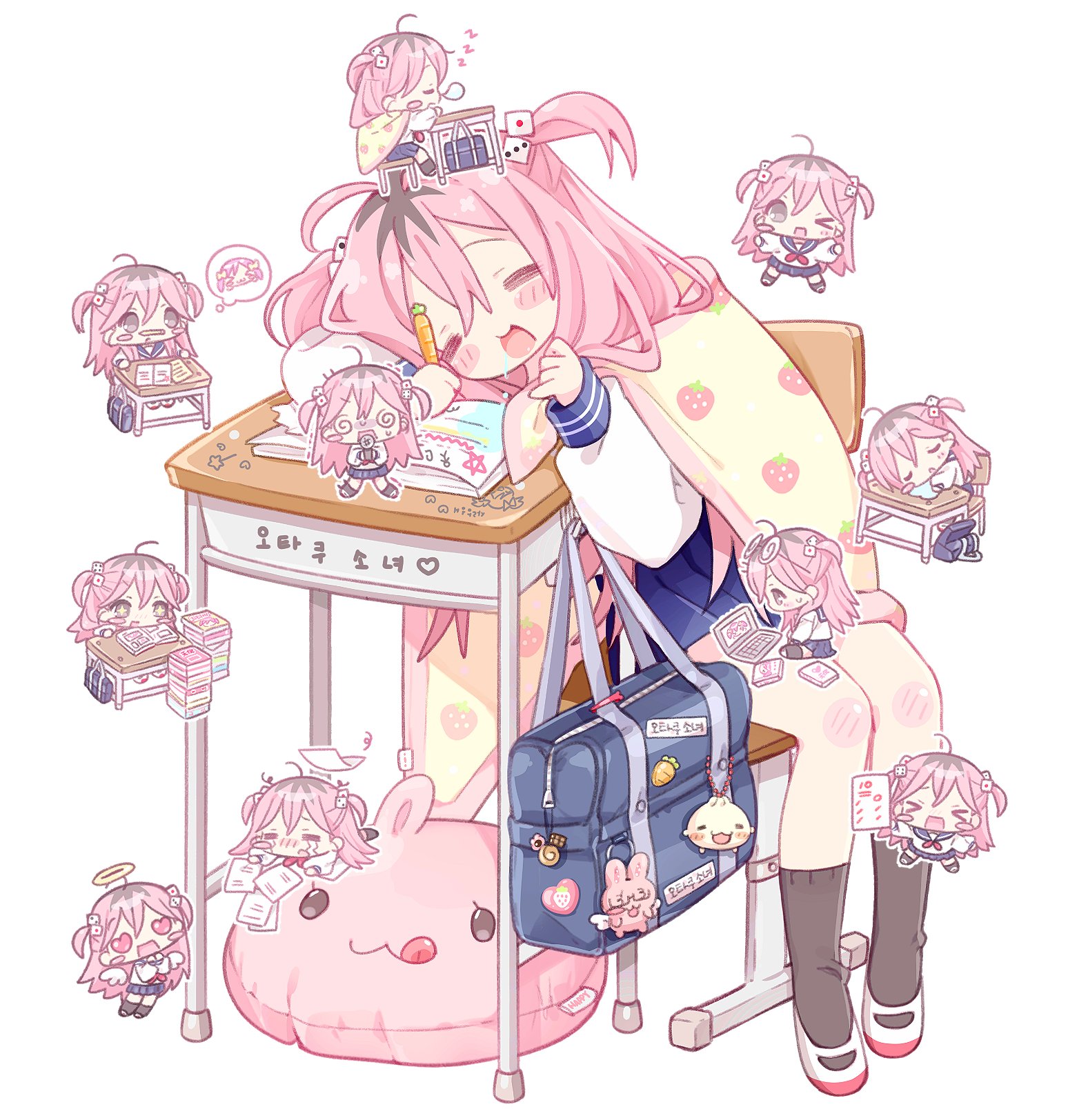 Safebooru - 1girl bag bag charm black socks blanket blue skirt blush chair charm (object) chibi ...