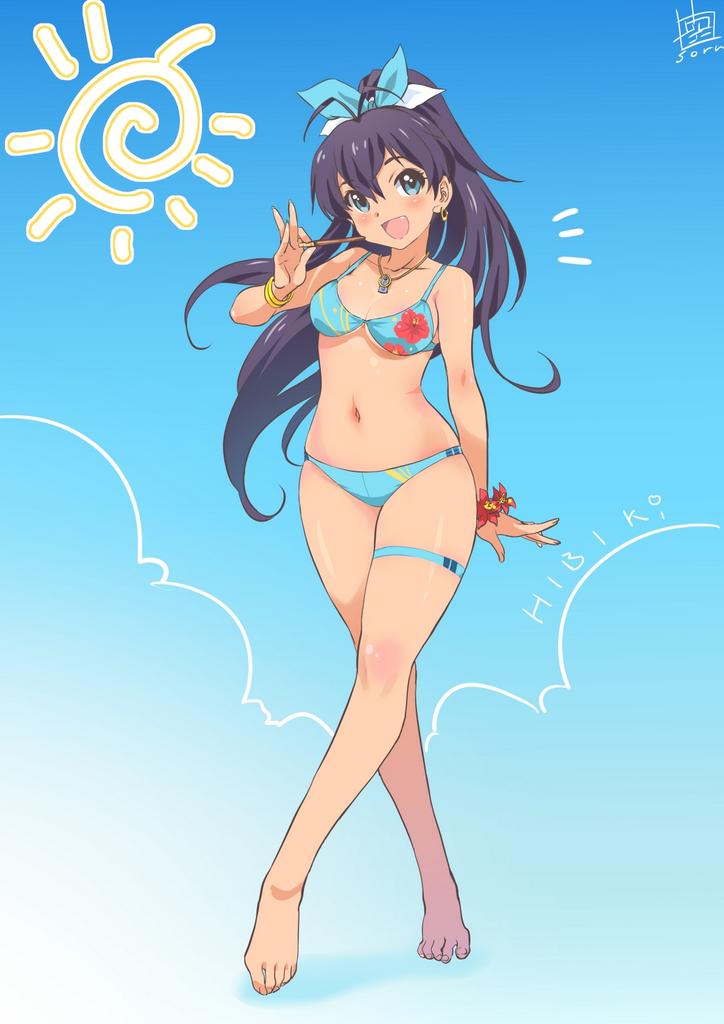 Safebooru - /\/\/\ 1girl :d antenna hair bare legs barefoot bikini black hair blue bikini blue ...