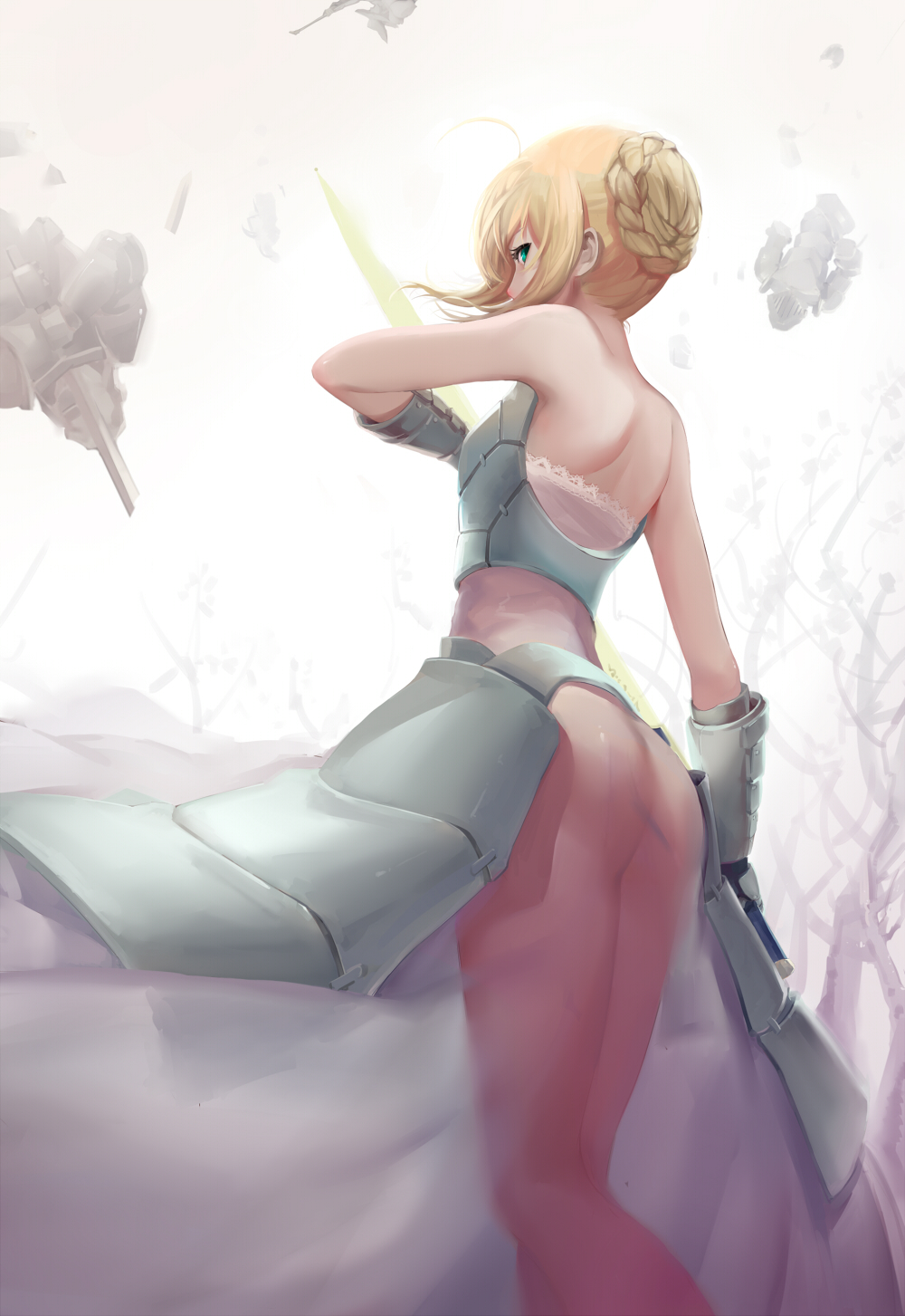 Safebooru - 1girl ahoge aqua eyes armor ass blonde hair braid breastplate dress fate/stay night ...