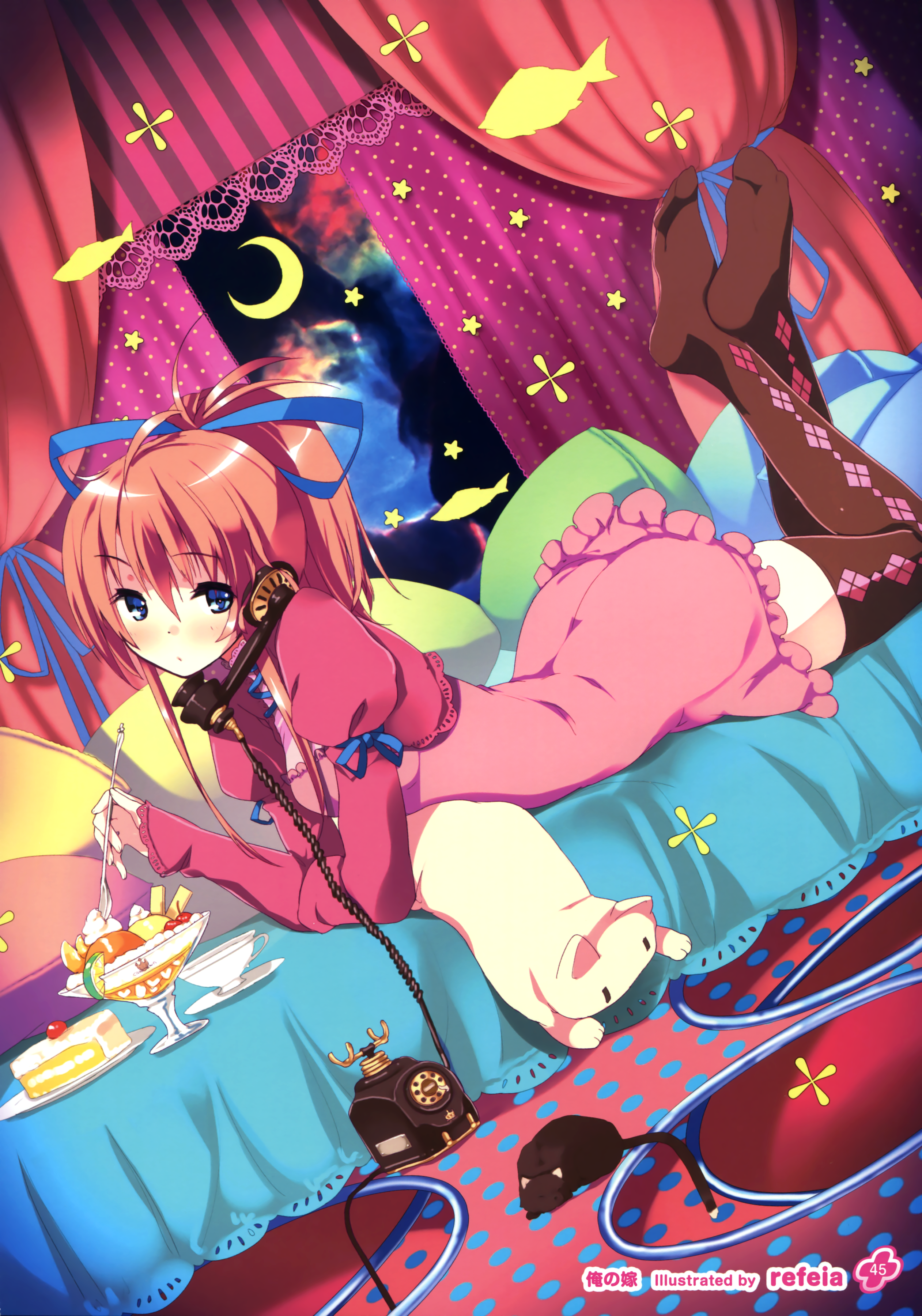 Safebooru - 1girl :o absurdres bed blue eyes blush brown legwear cake cat cup dress drinking ...