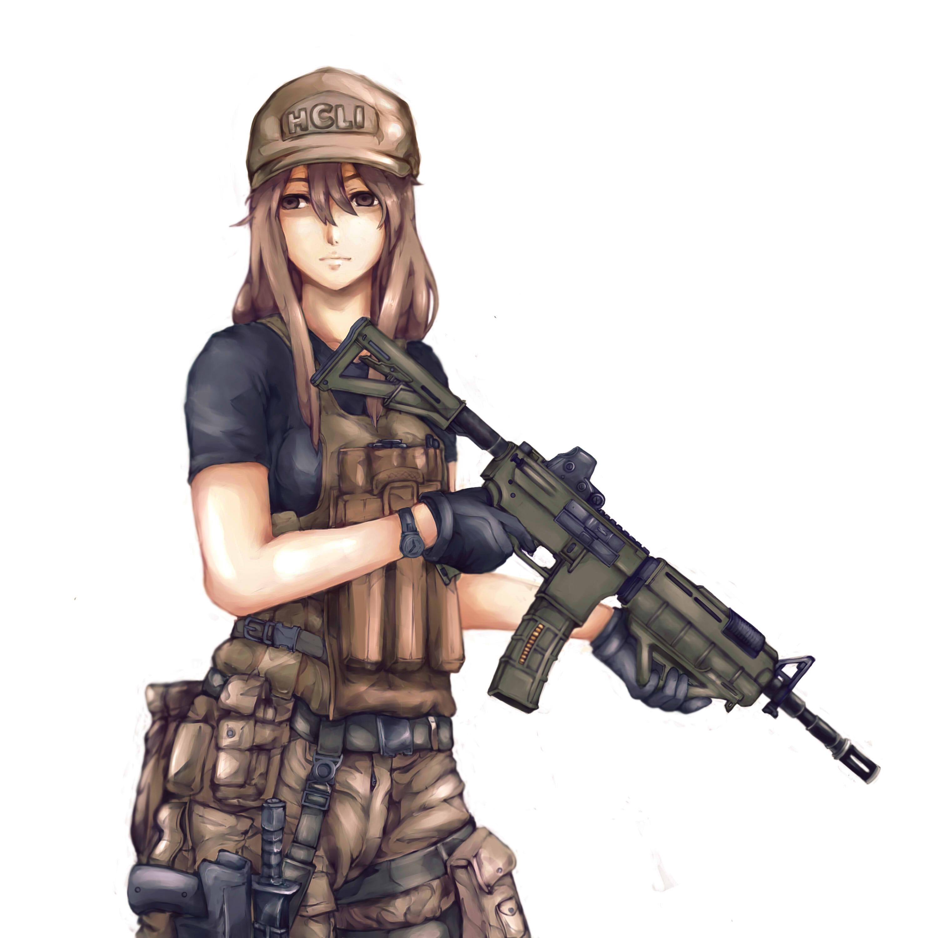 Safebooru - 1girl absurdres baseball cap battle rifle black gloves brown eyes brown hair ...