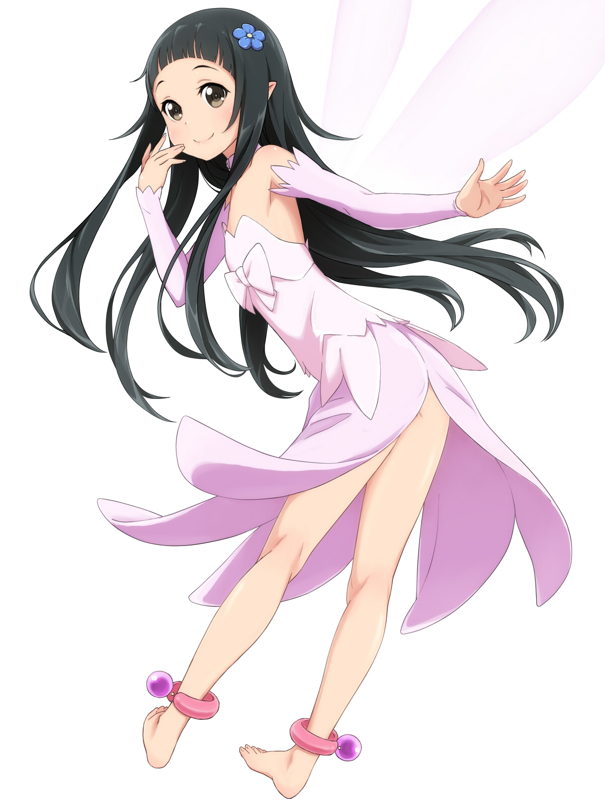 Safebooru - 1girl anklet bangs bare shoulders barefoot black hair blunt bangs blush brown eyes ...