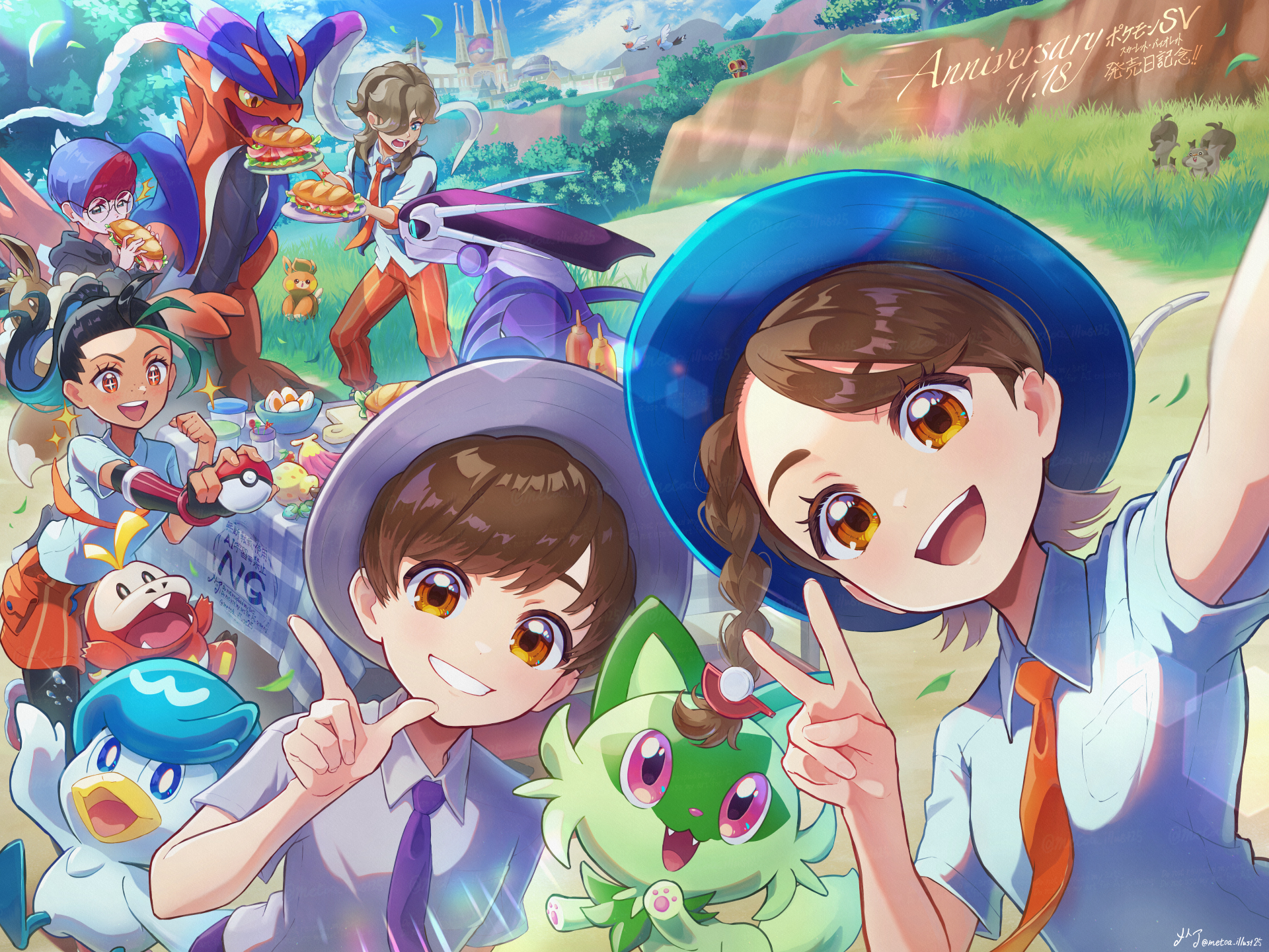 Safebooru - 2boys 3girls :d anniversary arven (pokemon) black pantyhose ...