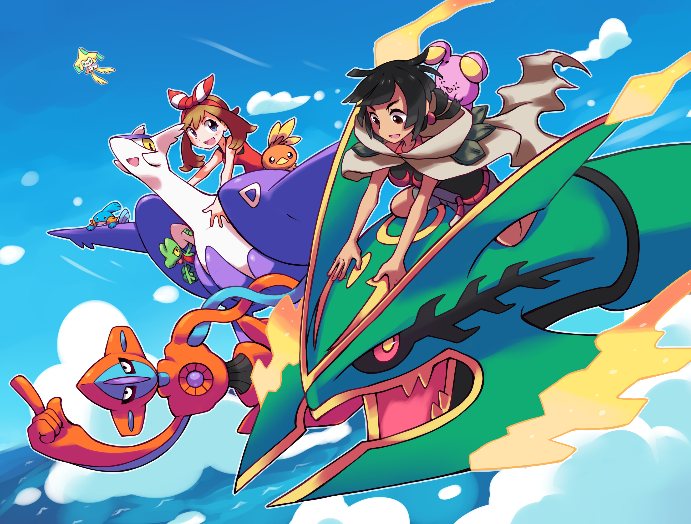 Safebooru - 2girls bandana black hair brown hair cloak clouds deoxys ...