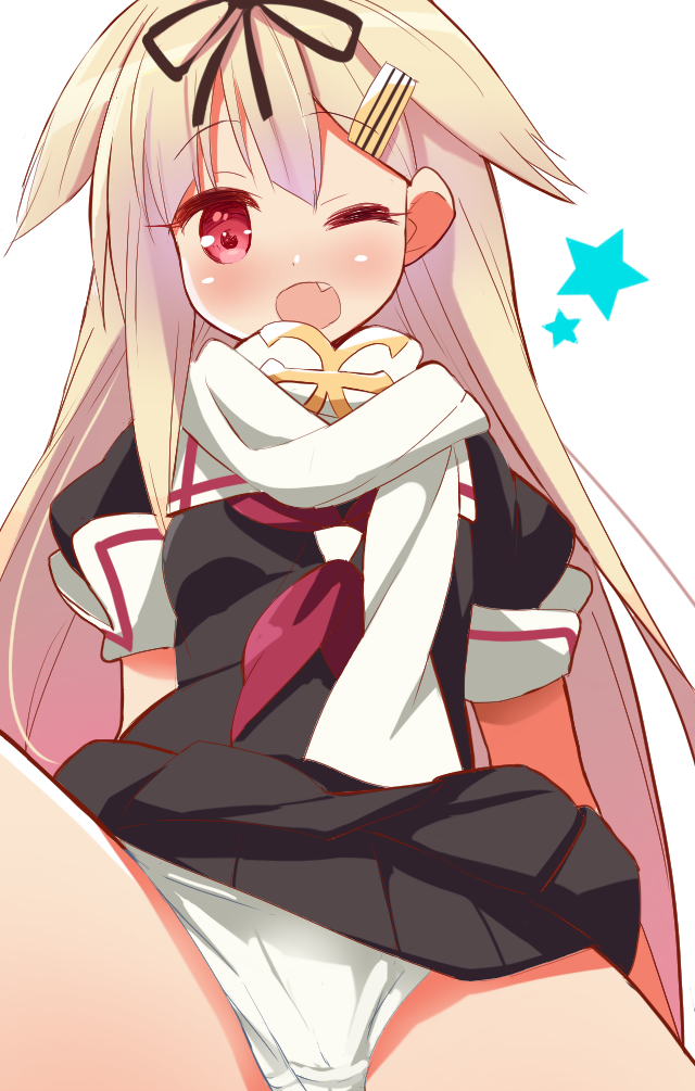 Safebooru - 1girl 9law ;o blonde hair fang hair flaps hair ornament hair ribbon hairclip kantai ...