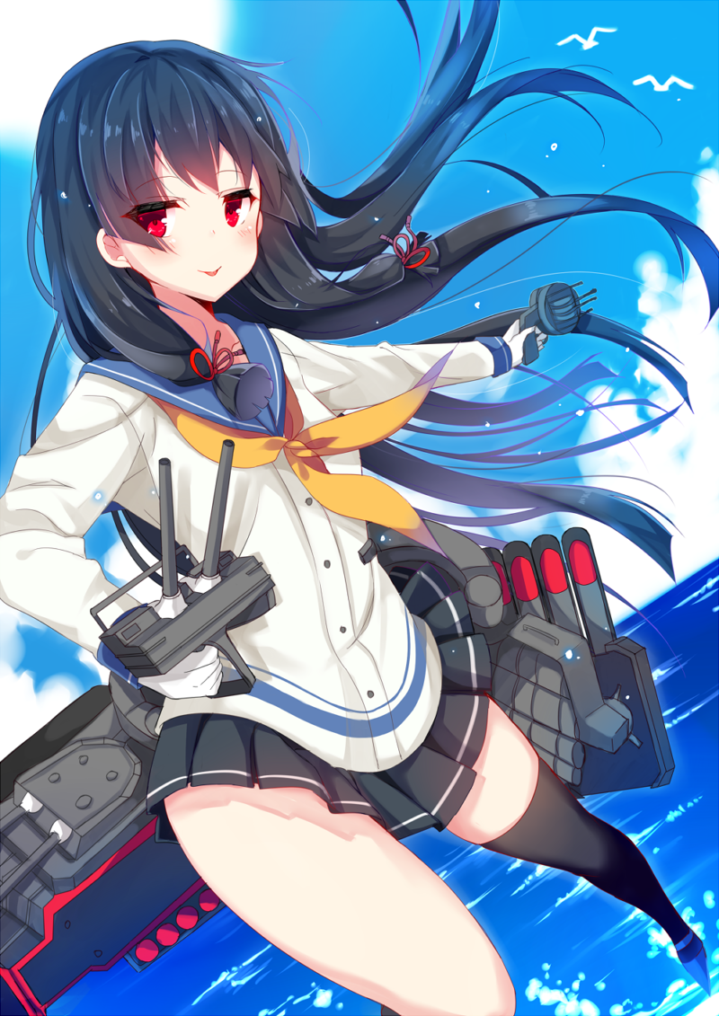 Safebooru - 1girl :p asymmetrical legwear bangs black hair black legwear black skirt blue sky ...