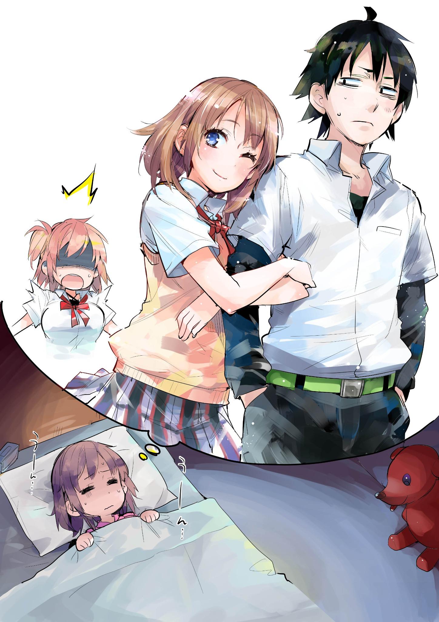 Safebooru - /\/\/\ ahoge belt black hair blue eyes brown hair character ...