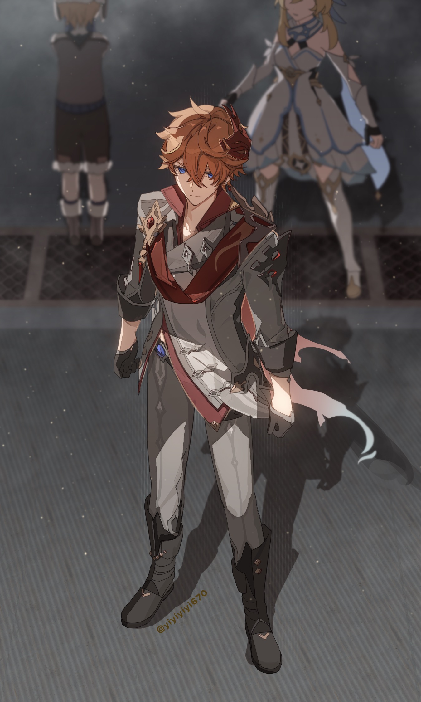 Safebooru - 1girl 2boys black boots blonde hair blue eyes boots cape ...