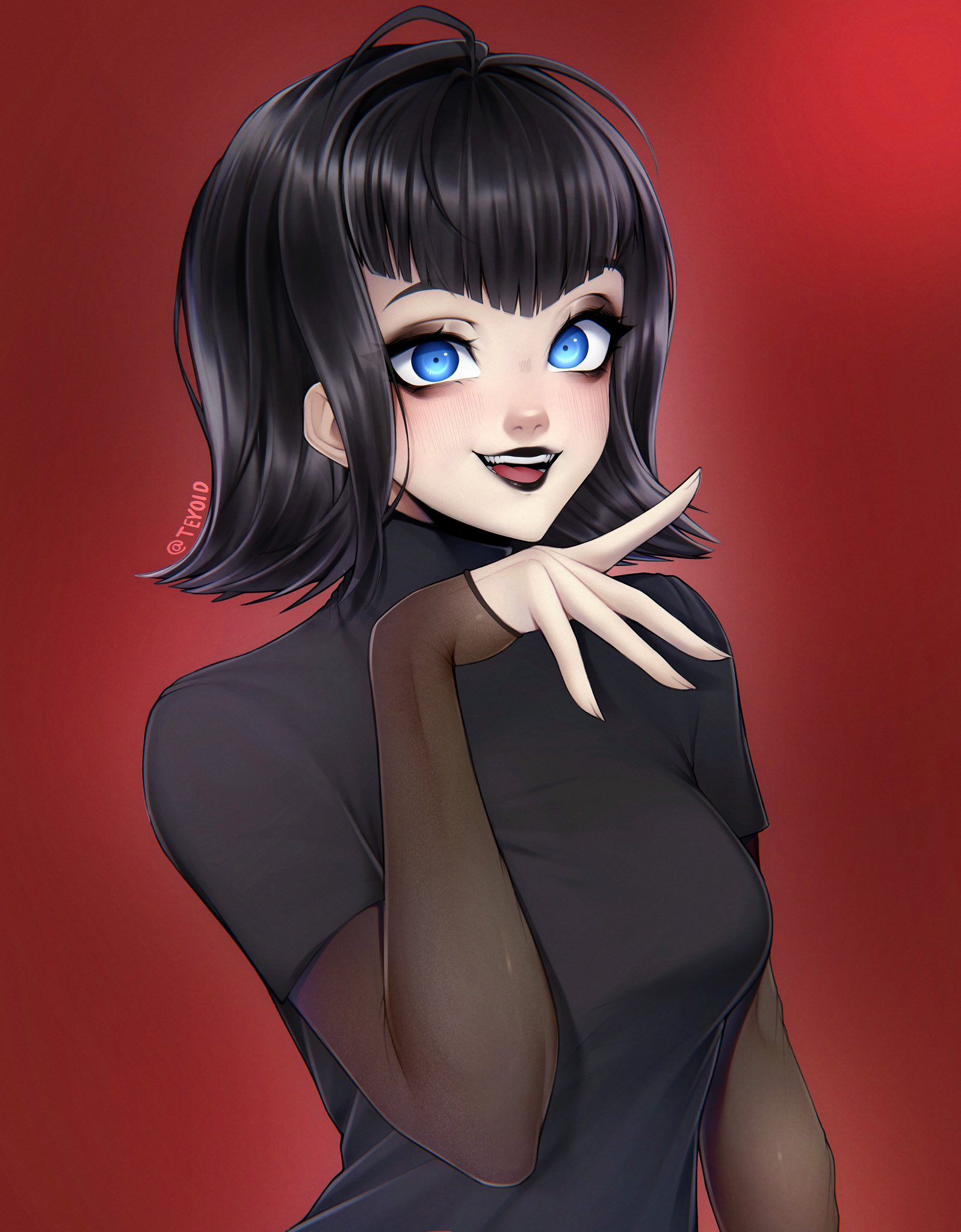 Safebooru - 1girl black dress black hair black lips blue eyes breasts ...