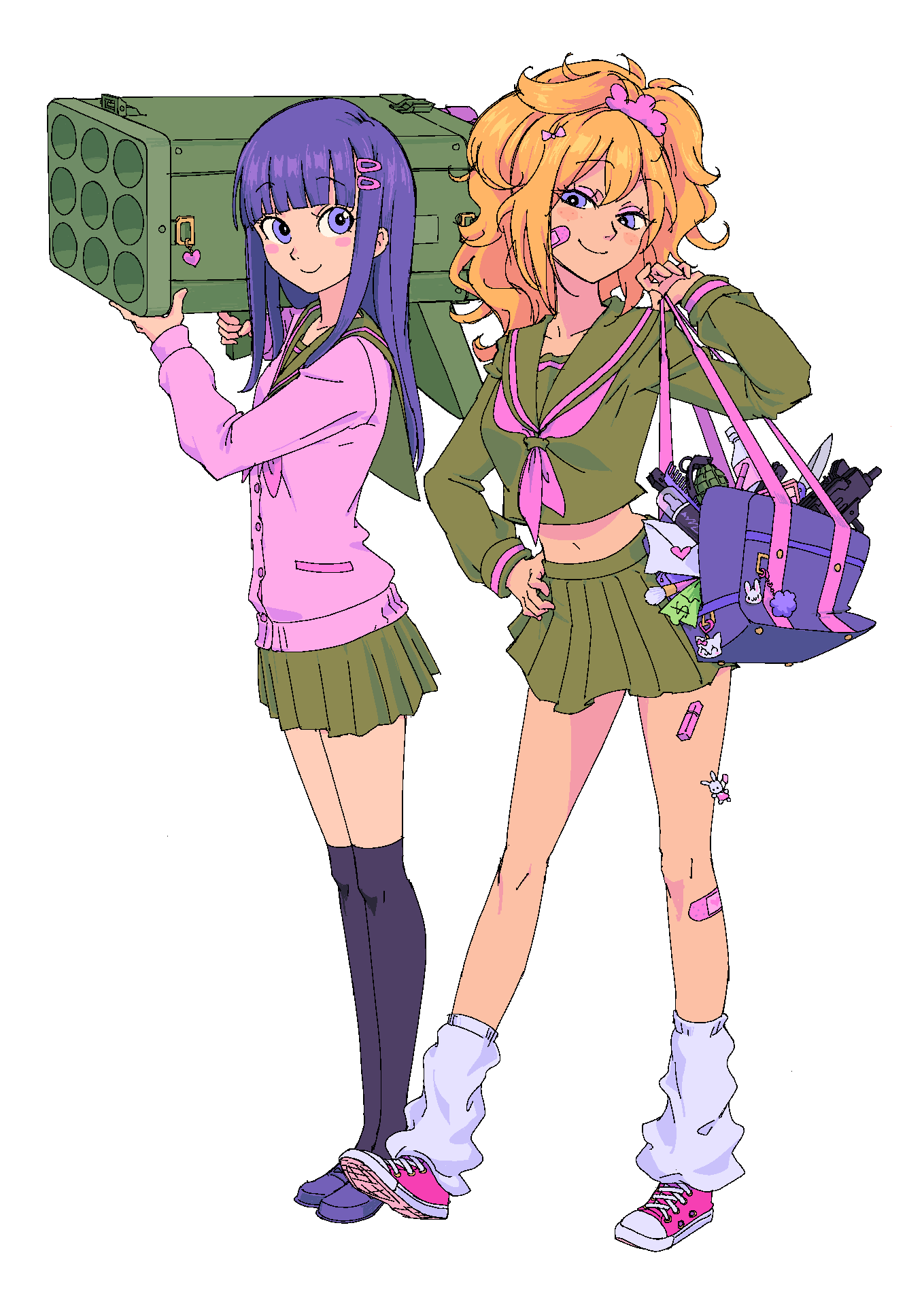 Safebooru - 2girls bag bandaid black socks blonde hair cardigan ...