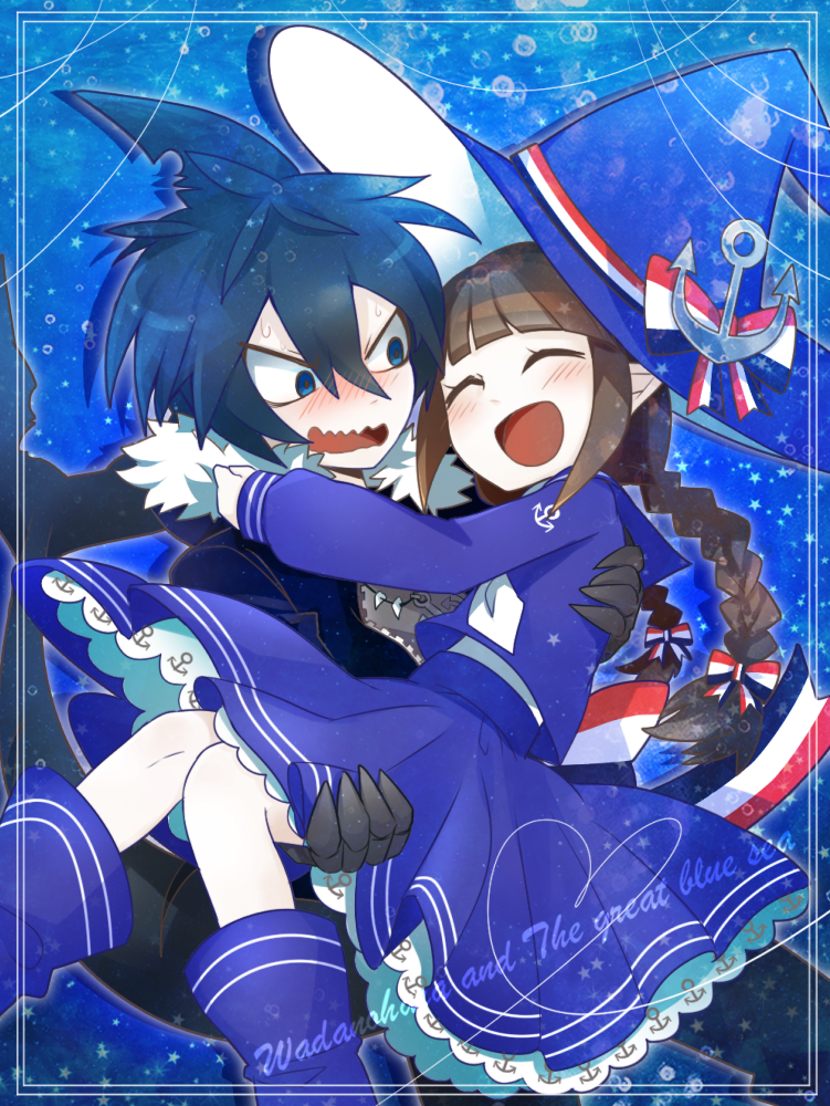 Safebooru - 1boy 1girl anchor symbol blue background blue boots blue ...