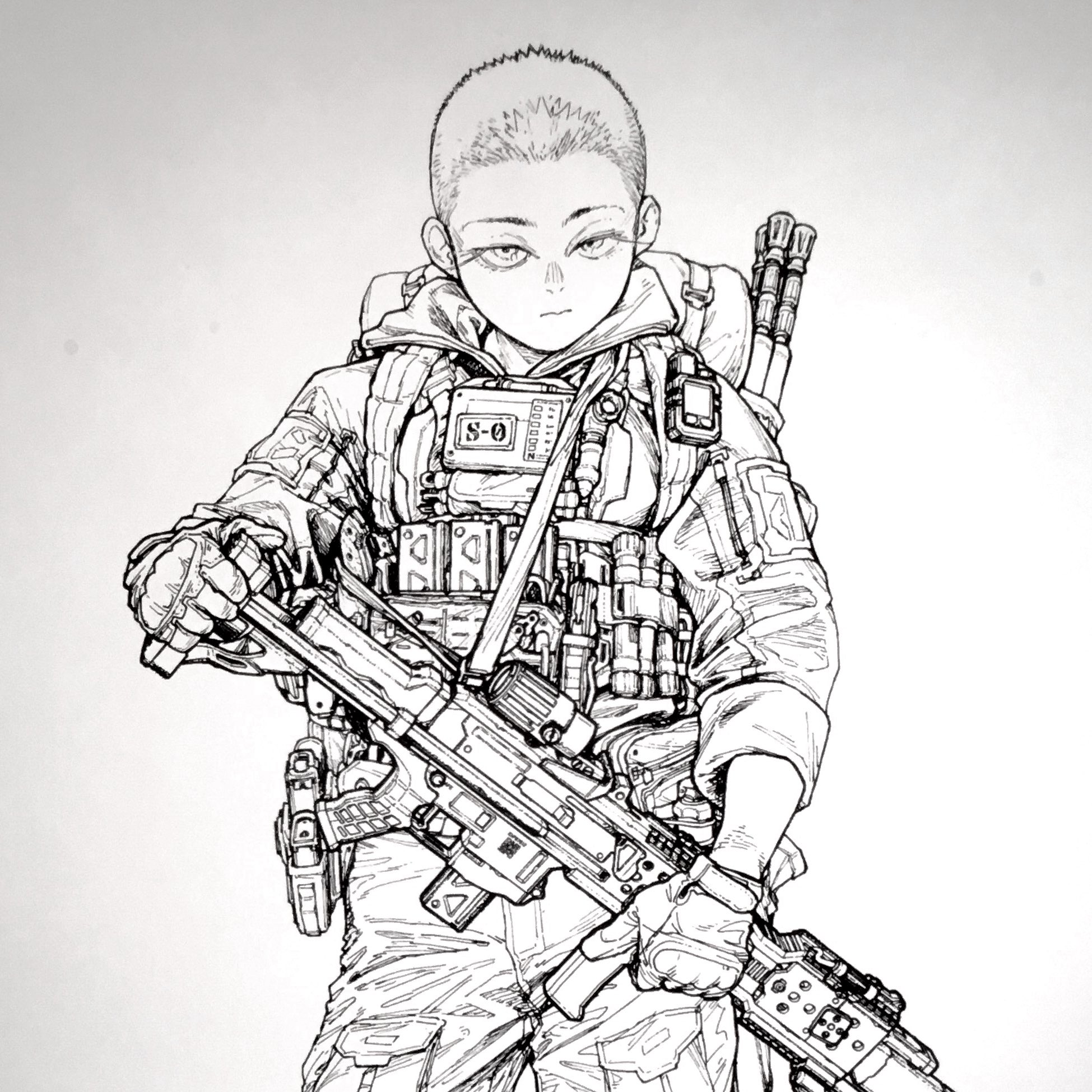 Safebooru - 1girl closed mouth eyelashes gloves greyscale gun highres ...