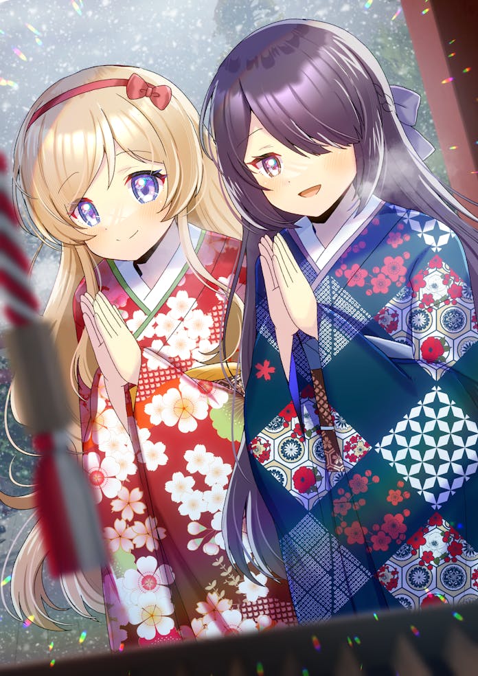 Safebooru - 2girls :d black kimono blonde hair blurry blurry foreground ...