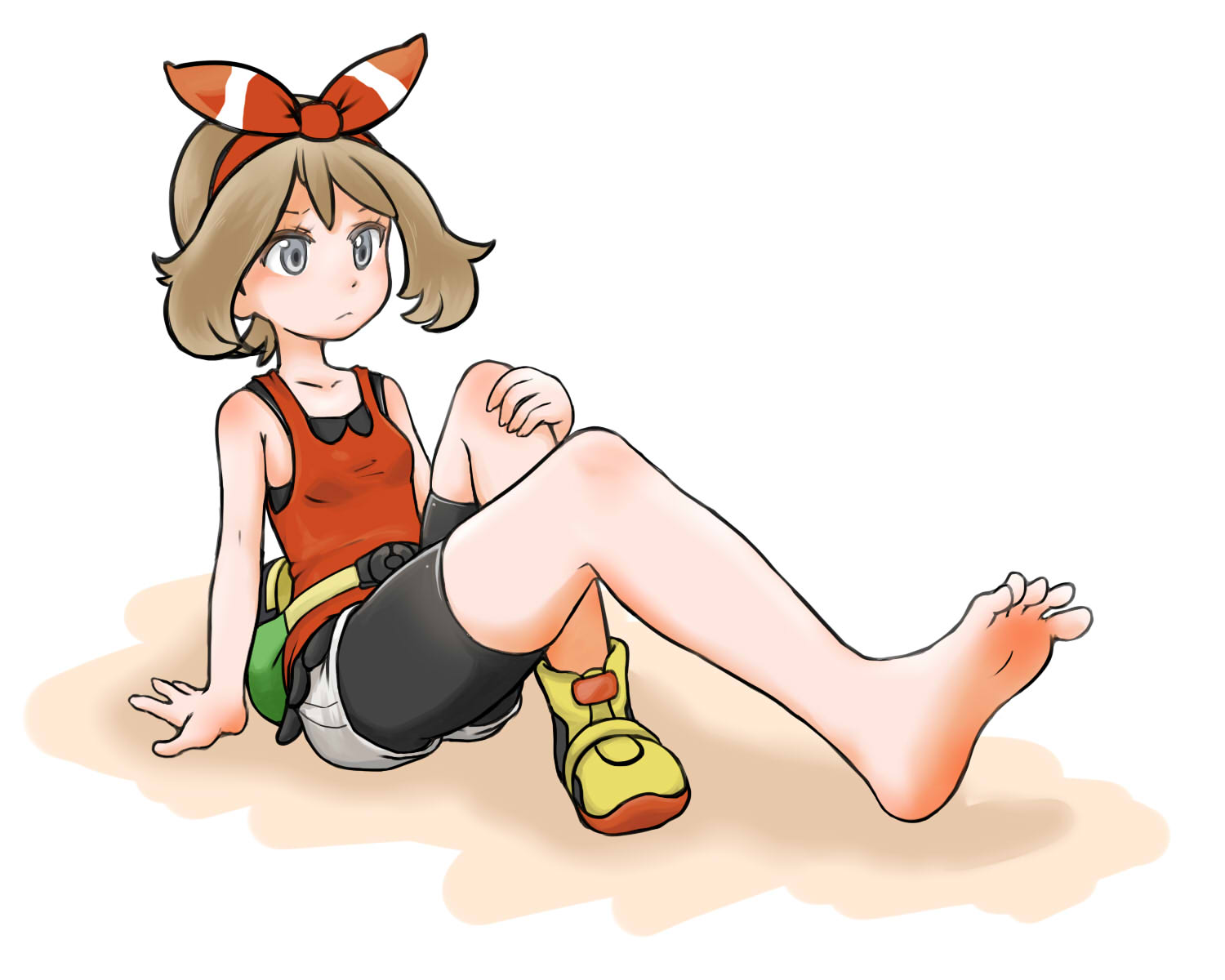 Safebooru - 1girl arm support barefoot bike shorts blue eyes brown hair feet hair ribbon haruka ...