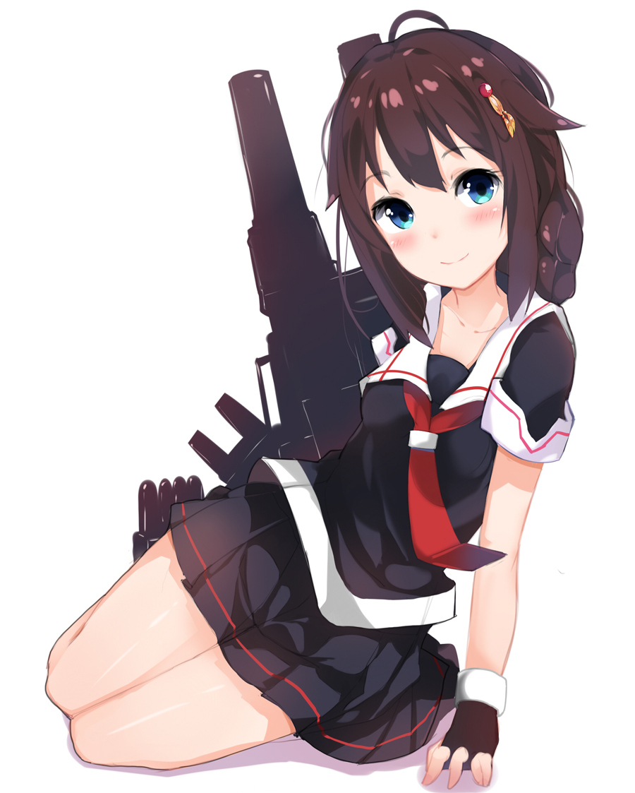 Safebooru - 1girl ahoge arm support black gloves black serafuku black skirt blue eyes blush ...