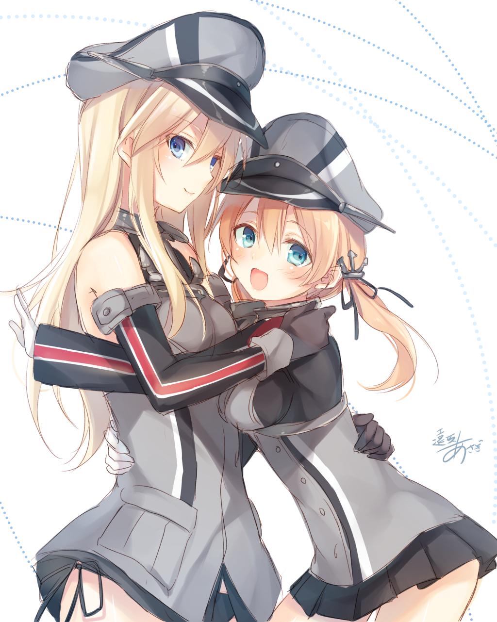 Safebooru - bismarck (kantai collection) blonde hair blue eyes gloves hat highres hug kantai ...