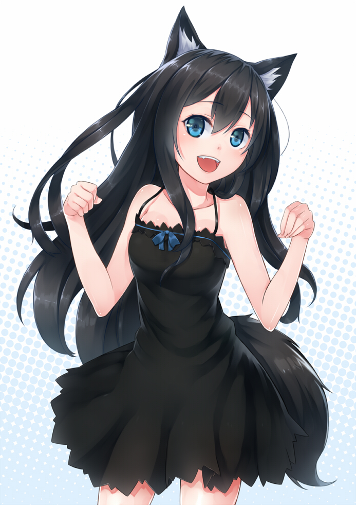 Safebooru - 1girl animal ears black dress black hair blue eyes bonnzinnak bow dress fang fox ...