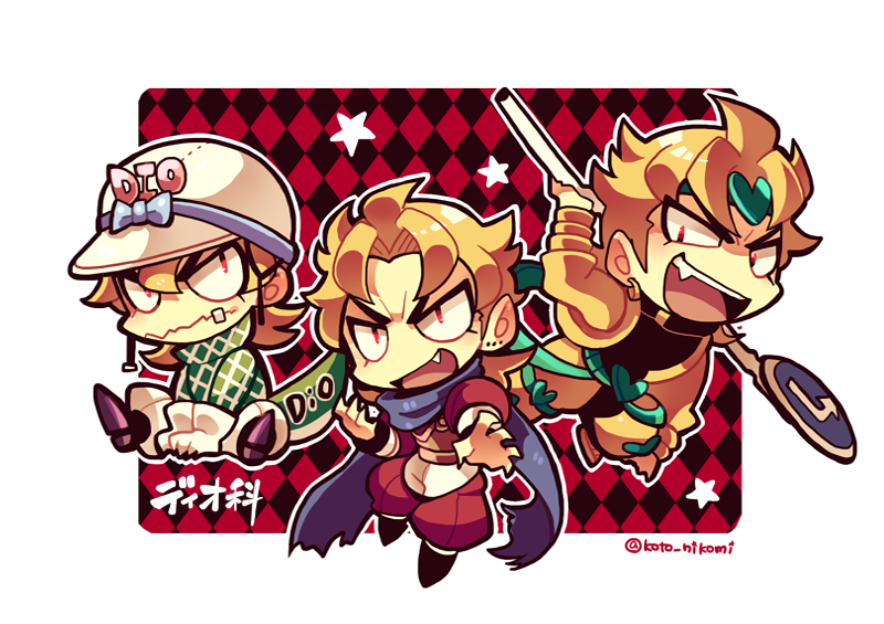 Safebooru - 3boys blonde hair chibi diego brando dio brando dual persona fang hat headband ...