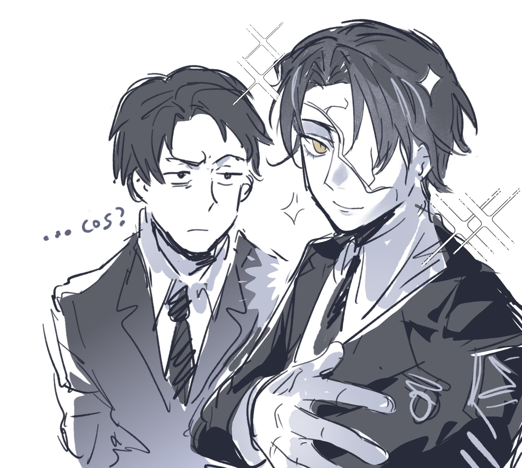 Safebooru - 2boys annoyed black jacket closed mouth collared shirt ...