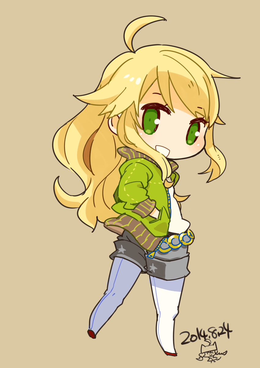 Safebooru - :d blonde hair brown background chibi dated from side green ...