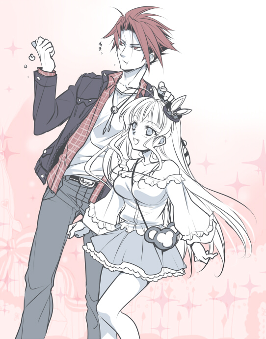 Safebooru - 1boy 1girl beatrice black battler long hair open mouth short hair skirt smile sousui ...