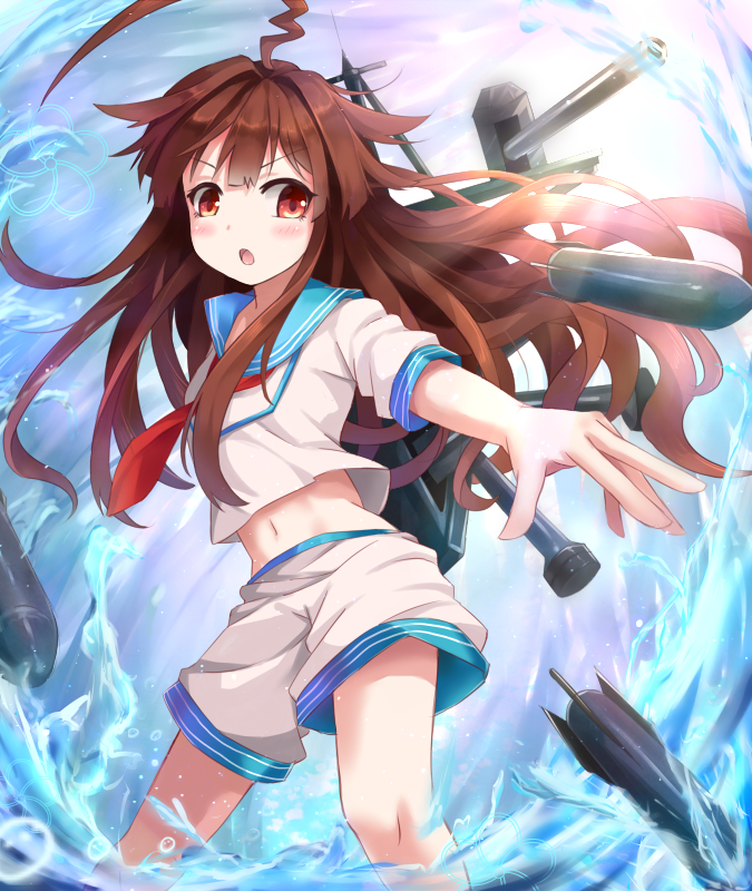 Safebooru - >:o 1girl :o ahoge brown eyes brown hair crop top crop top overhang kantai ...