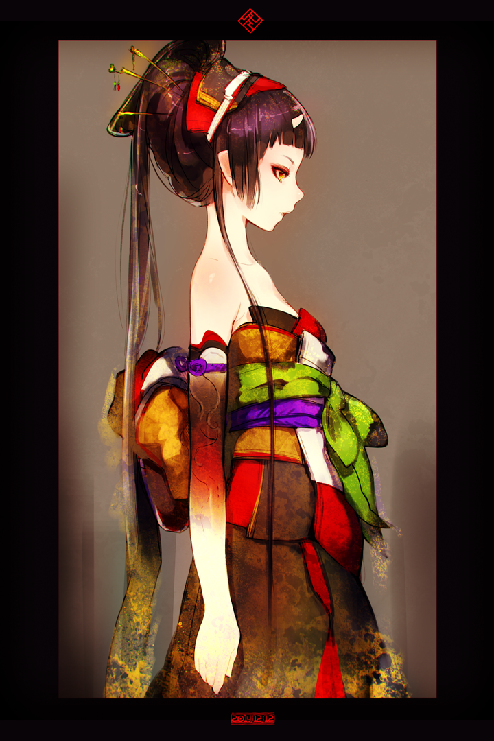Safebooru - 1girl bangs bare shoulders black hair blunt bangs brown eyes flat chest hair ...