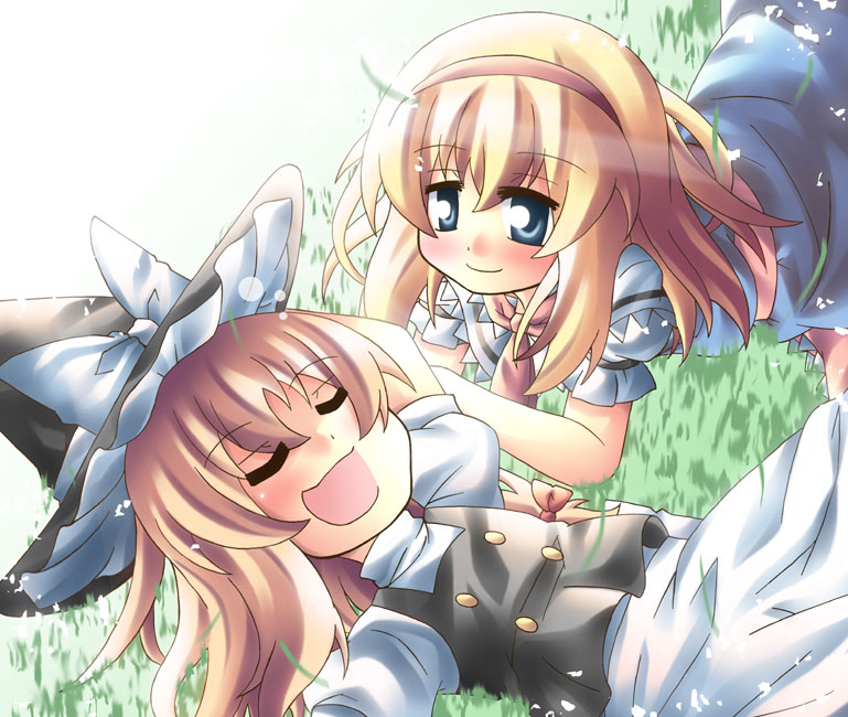 Safebooru - 2girls alice margatroid apron ascot blonde hair blue eyes blush capelet closed eyes ...