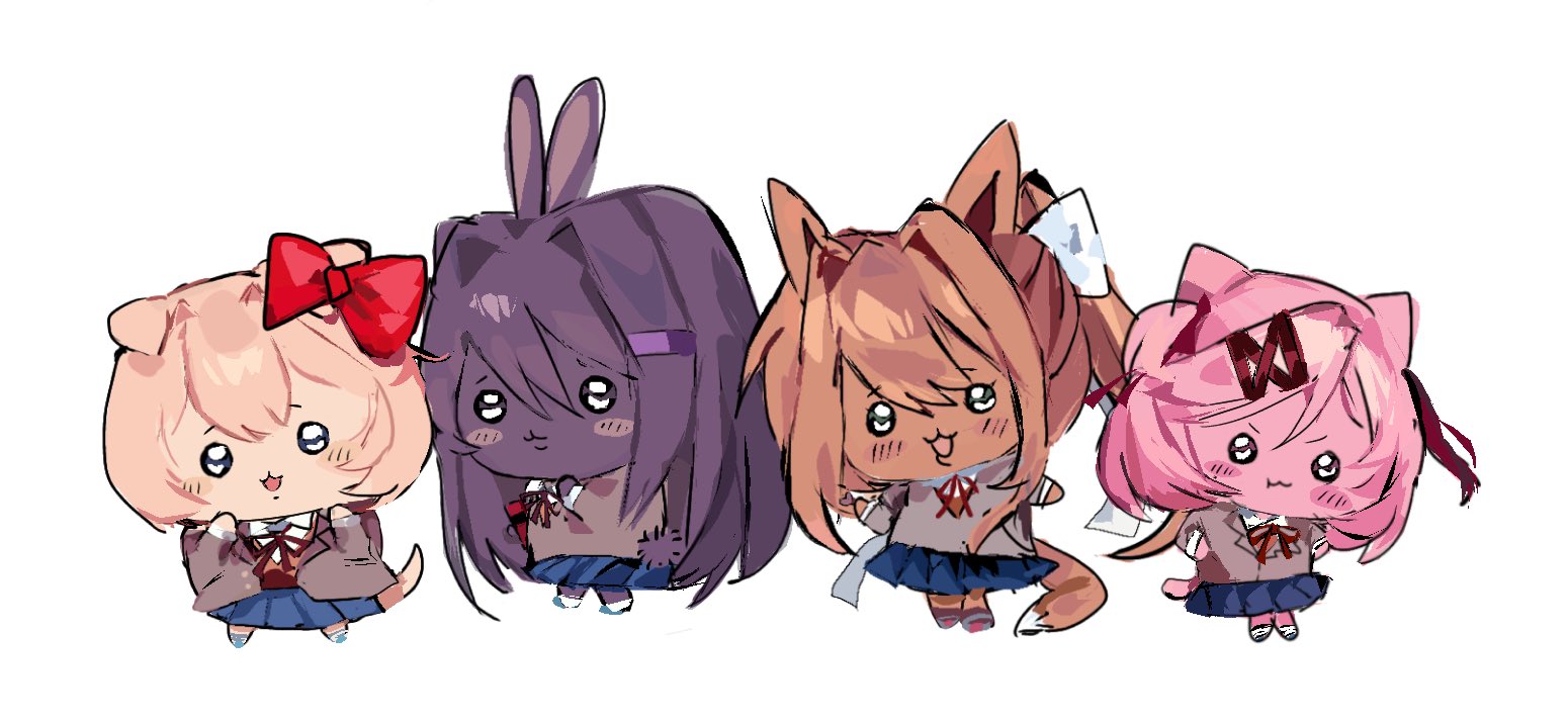 Safebooru - 4girls :3 blazer blue skirt blush stickers bow brown hair ...