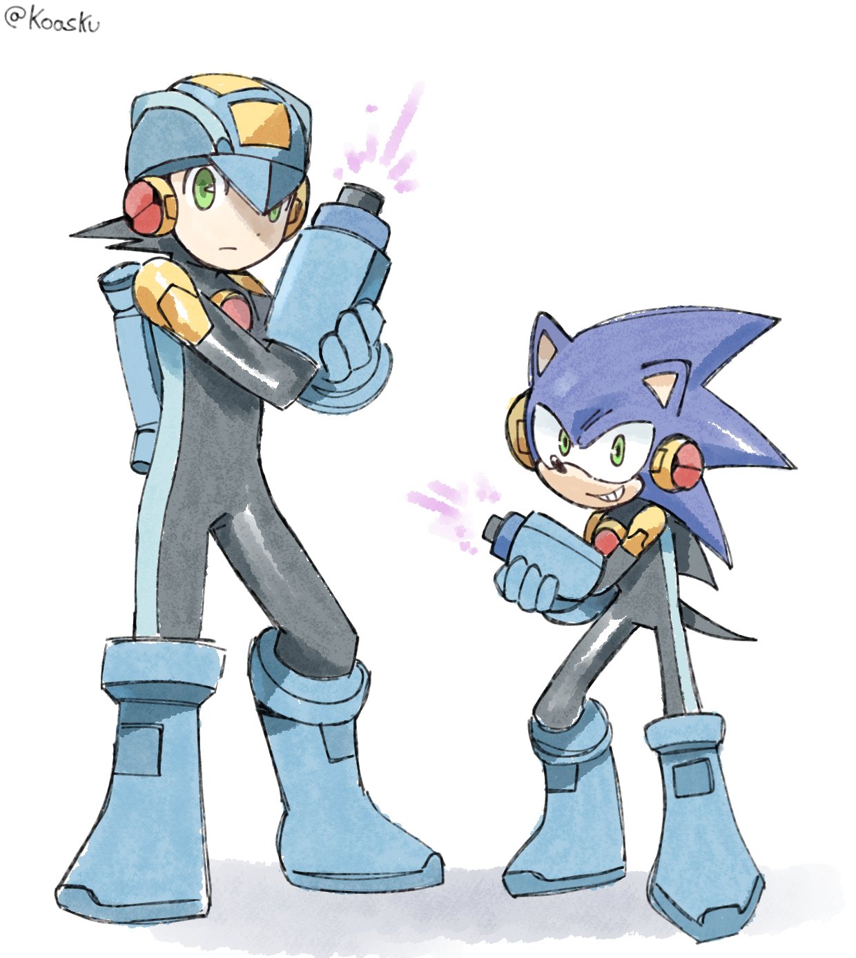 Safebooru - 2boys arm cannon blue bodysuit blue helmet bodysuit cosplay ...