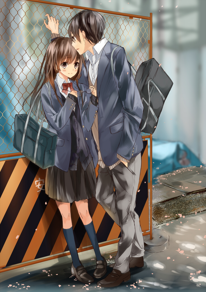 Safebooru - 1boy 1girl bag black hair blazer brown eyes brown hair chain-link fence glasses ...