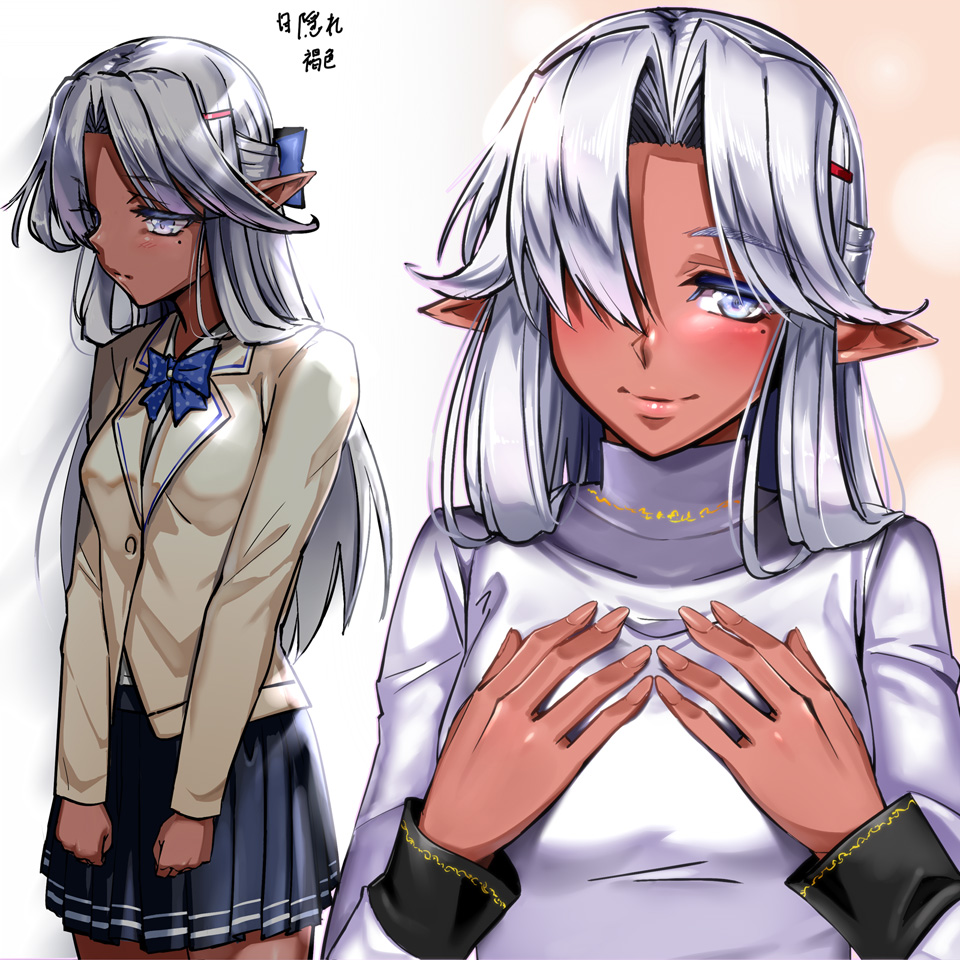 Safebooru 1girl Blazer Blush Character Sheet Dark Skin Elf Grey Eyes 8640