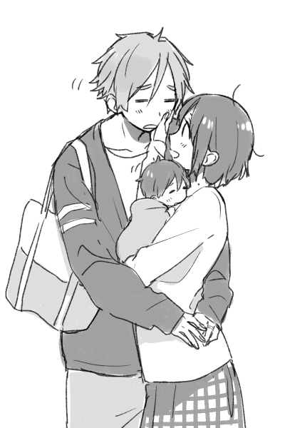 Safebooru - 1girl 2boys alternate hair length alternate hairstyle baby bag closed eyes family if ...