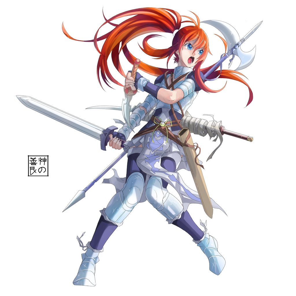 Safebooru - 1girl blue eyes eudetenis fighting stance greaves halberd ...