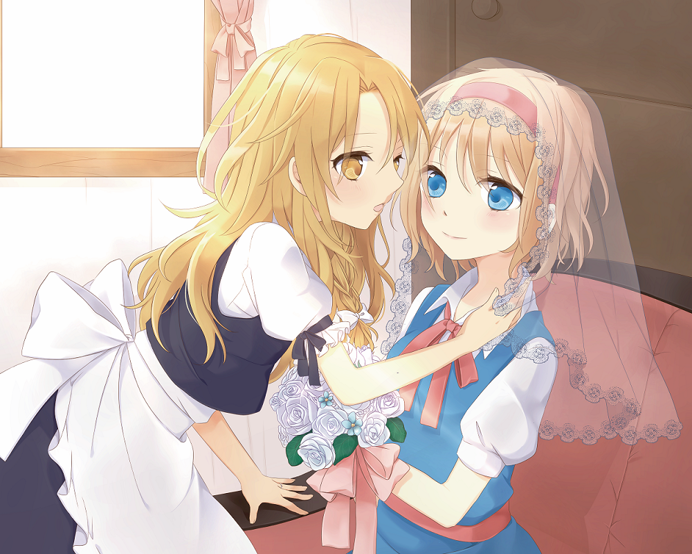 Safebooru - 2girls alice margatroid apron arm ribbon black dress blonde hair blue dress blue ...