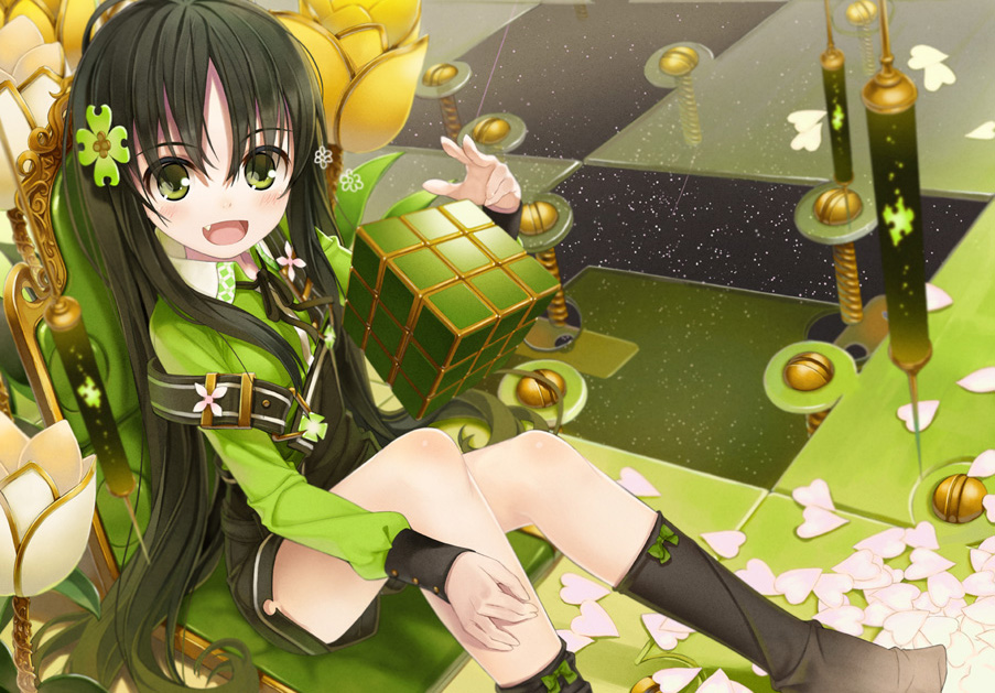 Safebooru - 1girl :d amamiya chiharu black hair cube green eyes hair ornament long hair looking ...