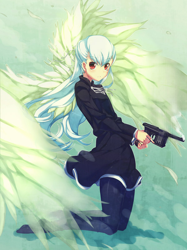 Safebooru - blue hair dress feathers gun henri is ii kneeling long hair ...