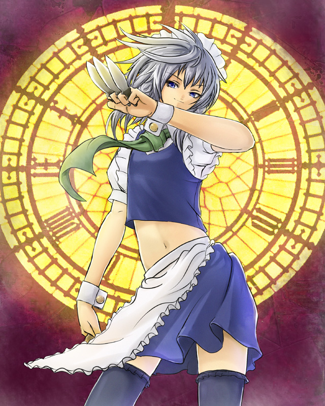 Safebooru - braid izayoi sakuya knife maid midriff mitsuki yuuya navel ...