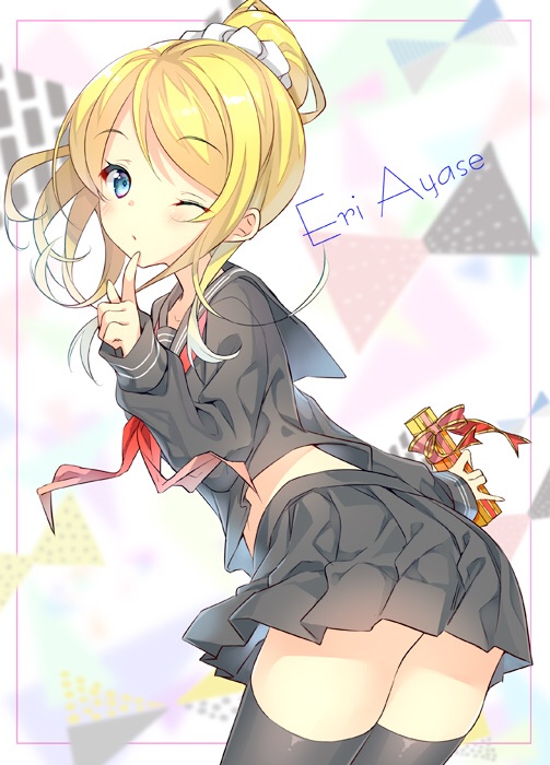 Safebooru - 1girl ayase eli blonde hair blue eyes blush finger to mouth long hair looking at ...