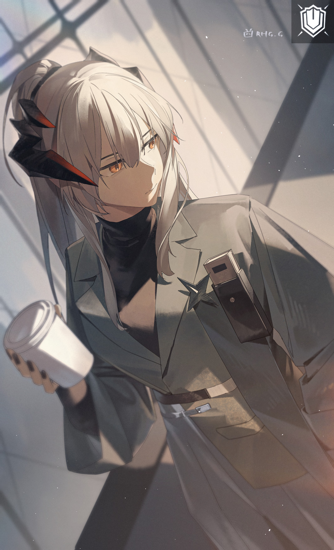 Safebooru - 1girl arknights badge bilibili logo black shirt chinese ...